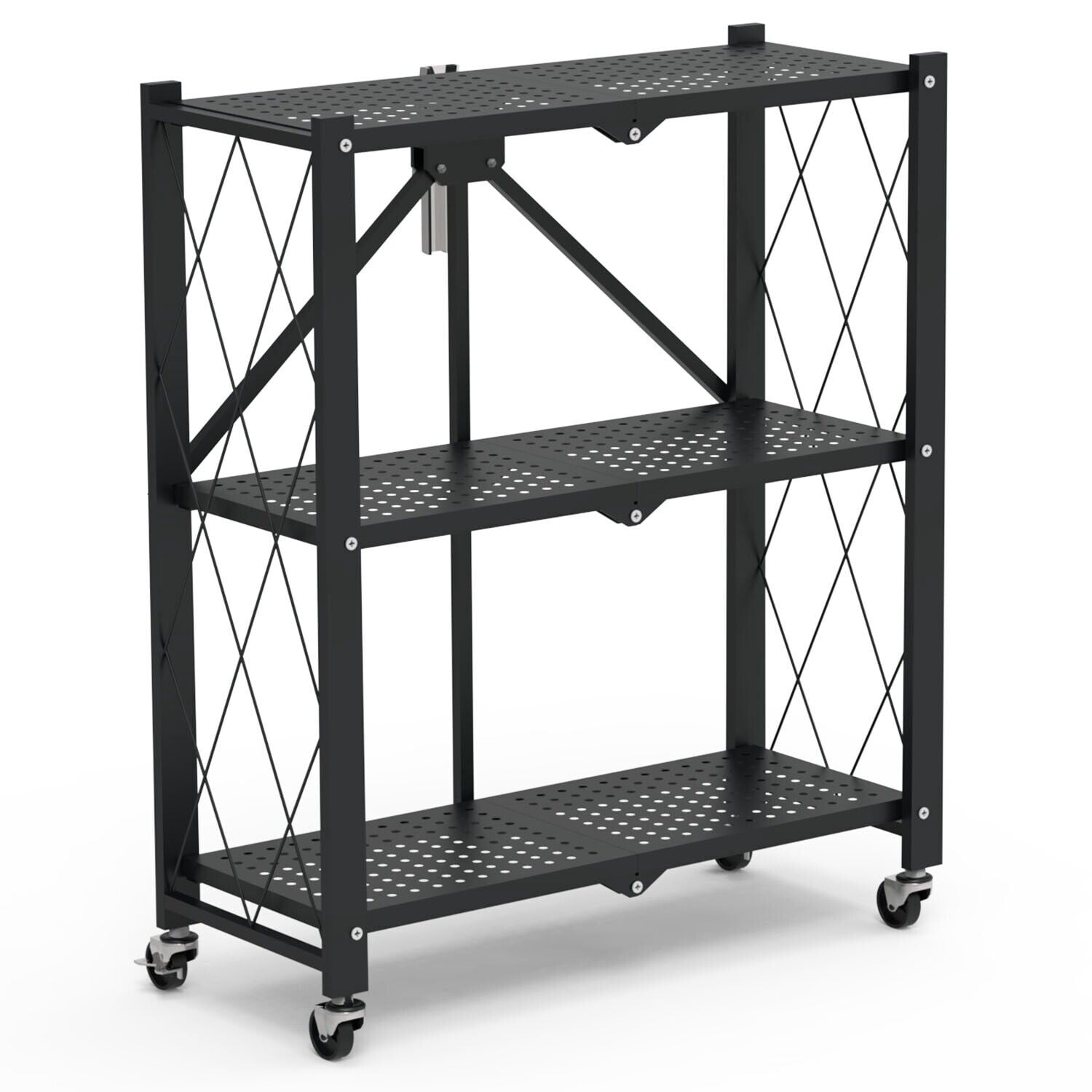 3-Tier Heavy Duty Foldable Metal Rack Storage Shelving Unit with Wheels ...