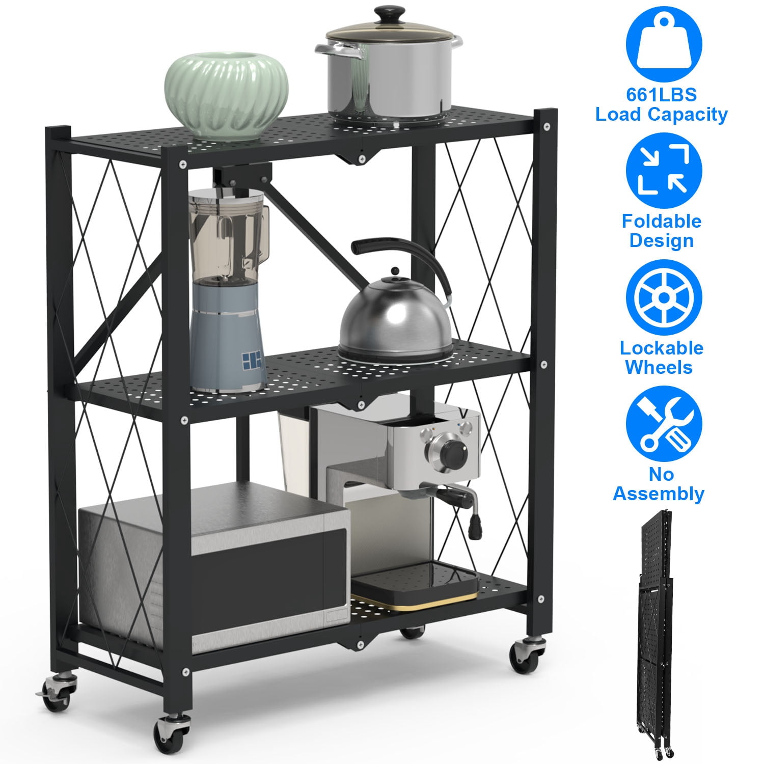 3-Tier Heavy Duty Foldable Storage Shelf w/ Lockable Wheel Rolling ...