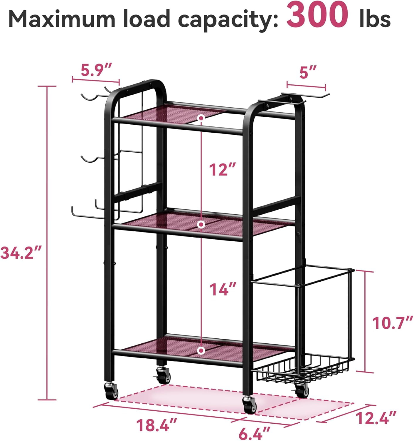 3-Tier Heavy-Duty Home Gym Storage Rack with Hooks and Smooth Wheels ...
