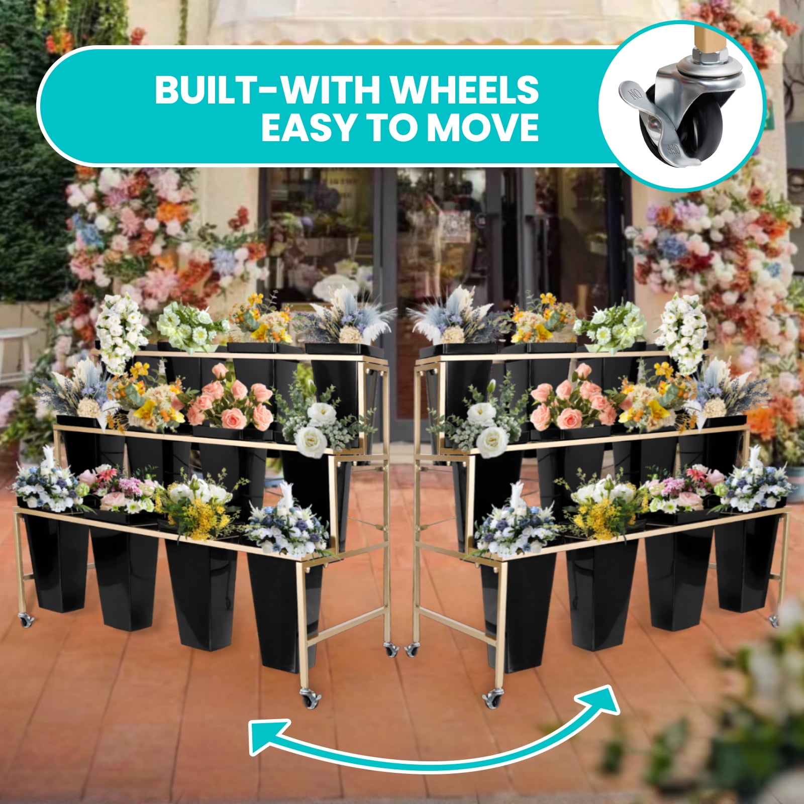3-Tier Heavy-Duty Metal Flower Cart, 12 Buckets, Rolling Wheels, for ...