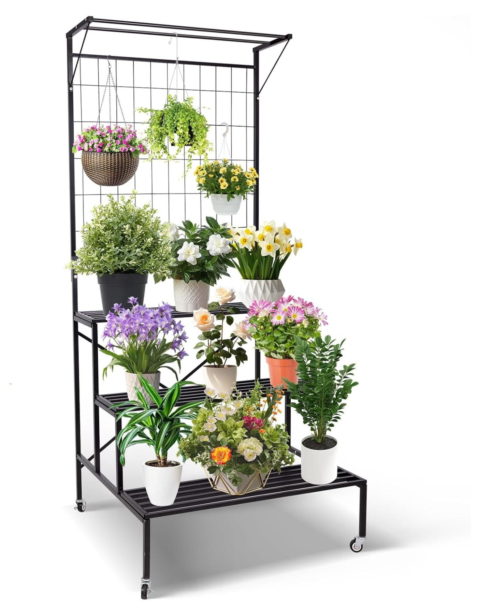 3-Tier Heavy Duty Metal Plant Stand with Hanging Shelf & Trellis, 35.4"L x33.5"Wx78.7"H Outdoor ...