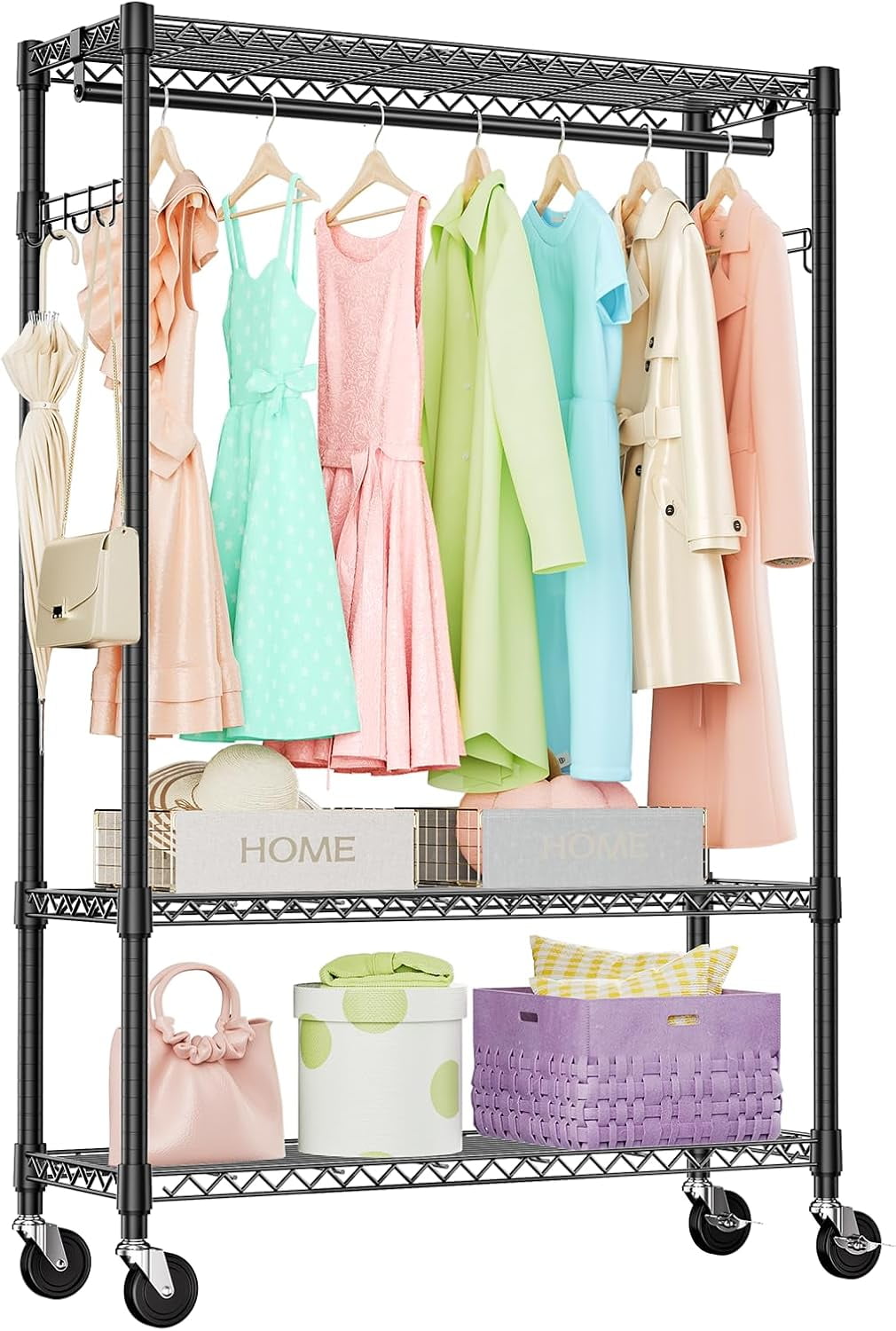 3 Tier Heavy Duty Rolling Garment Rack Wire Clothes Rack for Hanging ...