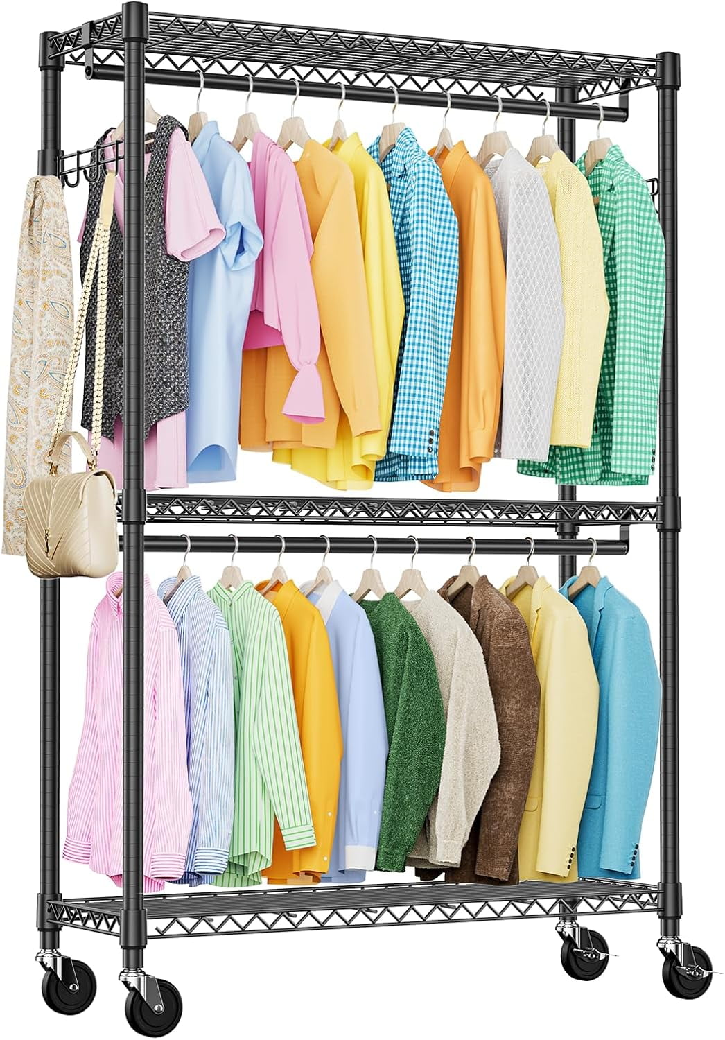 3 Tier Heavy Duty Rolling Garment Rack Wire Clothes Rack for Hanging ...