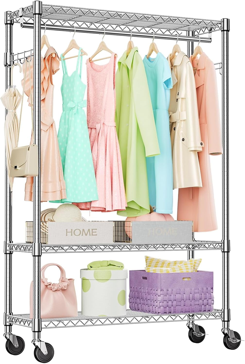 3 Tier Heavy Duty Rolling Garment Rack Wire Clothes Rack for Hanging ...