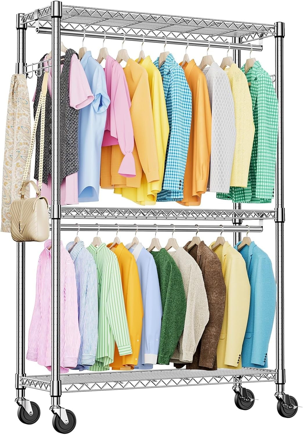 3 Tier Heavy Duty Rolling Garment Rack Wire Clothes Rack for Hanging ...