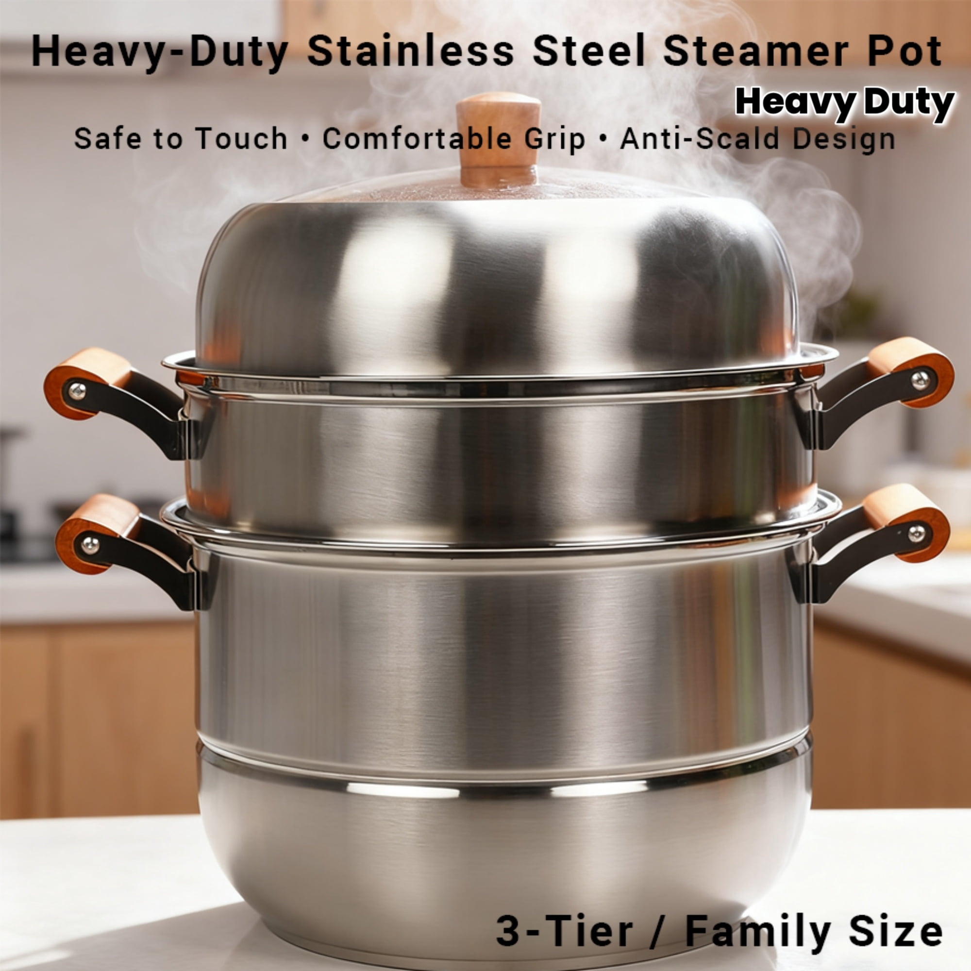 3-Tier Heavy-Duty Stainless Steel Steamer Pot with Glass Lid-Large ...