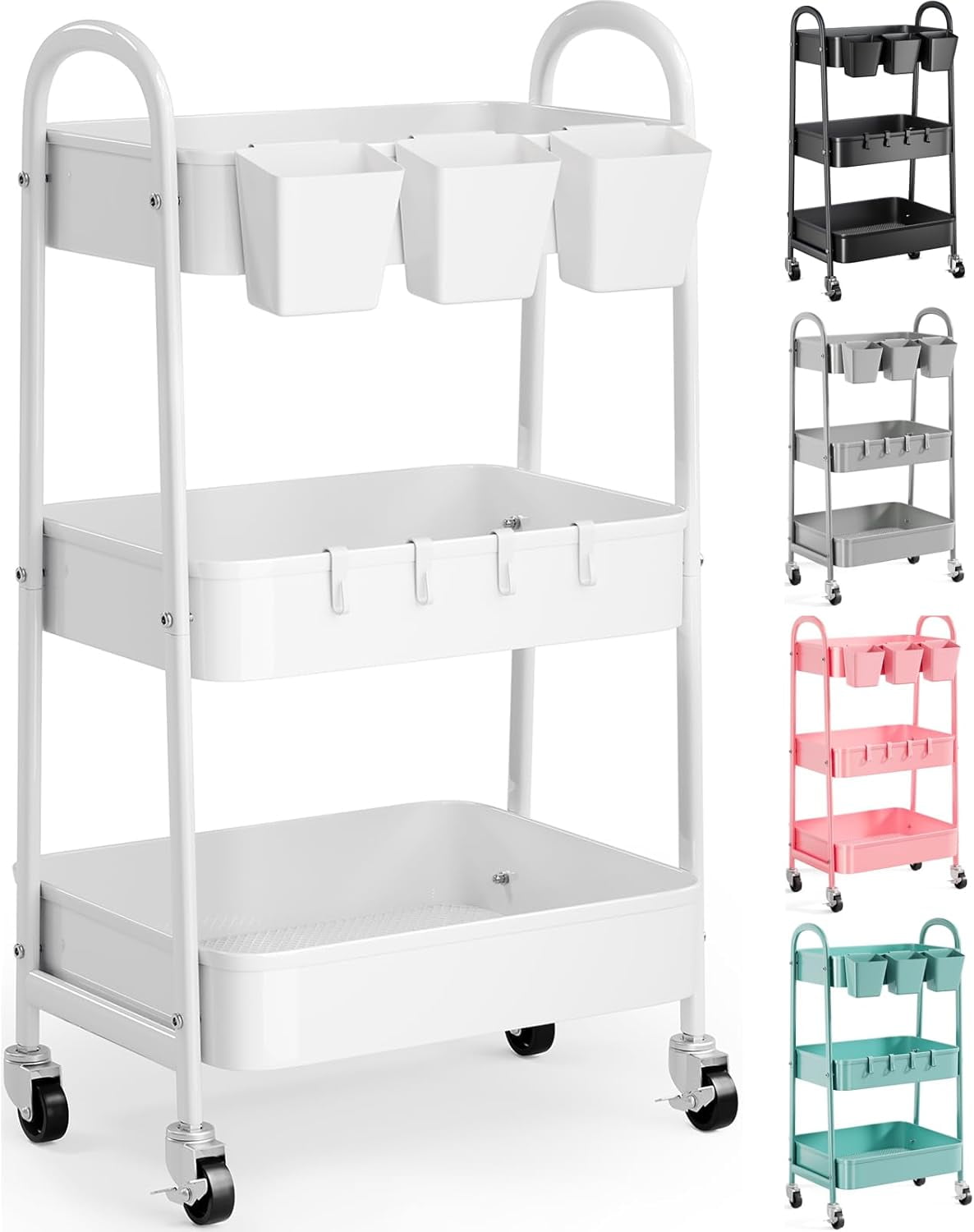 3 Tier Heavy Duty White Metal Rolling Cart with Lockable Wheels, Three ...