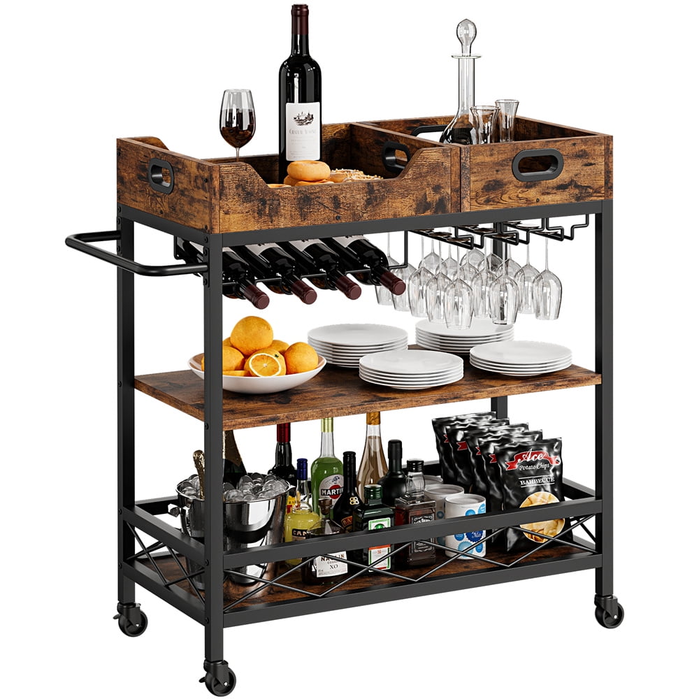 3-Tier Home Bar Cart, Rustic Brown Bar Cart with Wheels, Bar Cart, Two ...