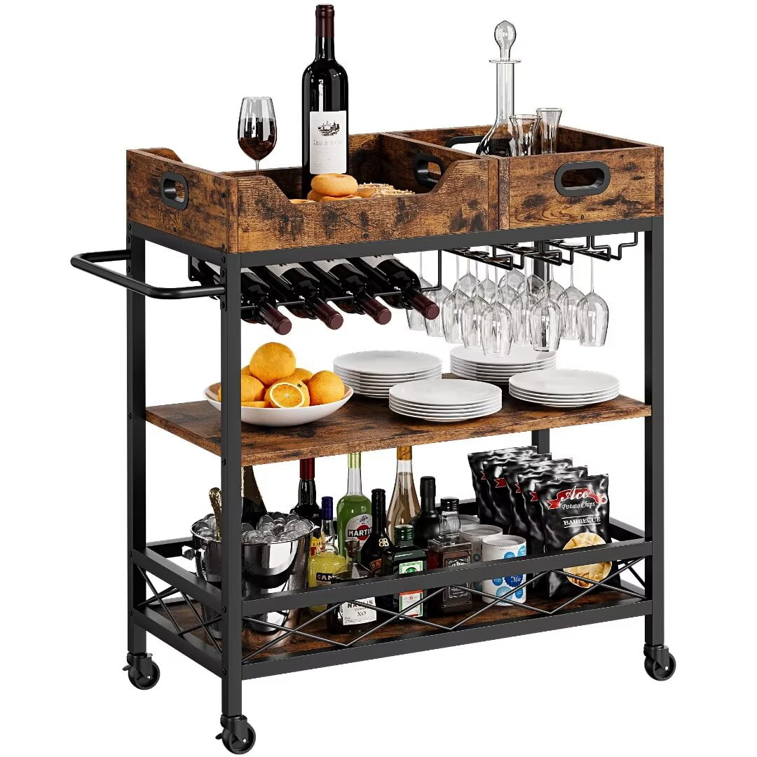 3 Tier Home Bar Serving Cart, Mobile Kitchen Storage Trolley with ...