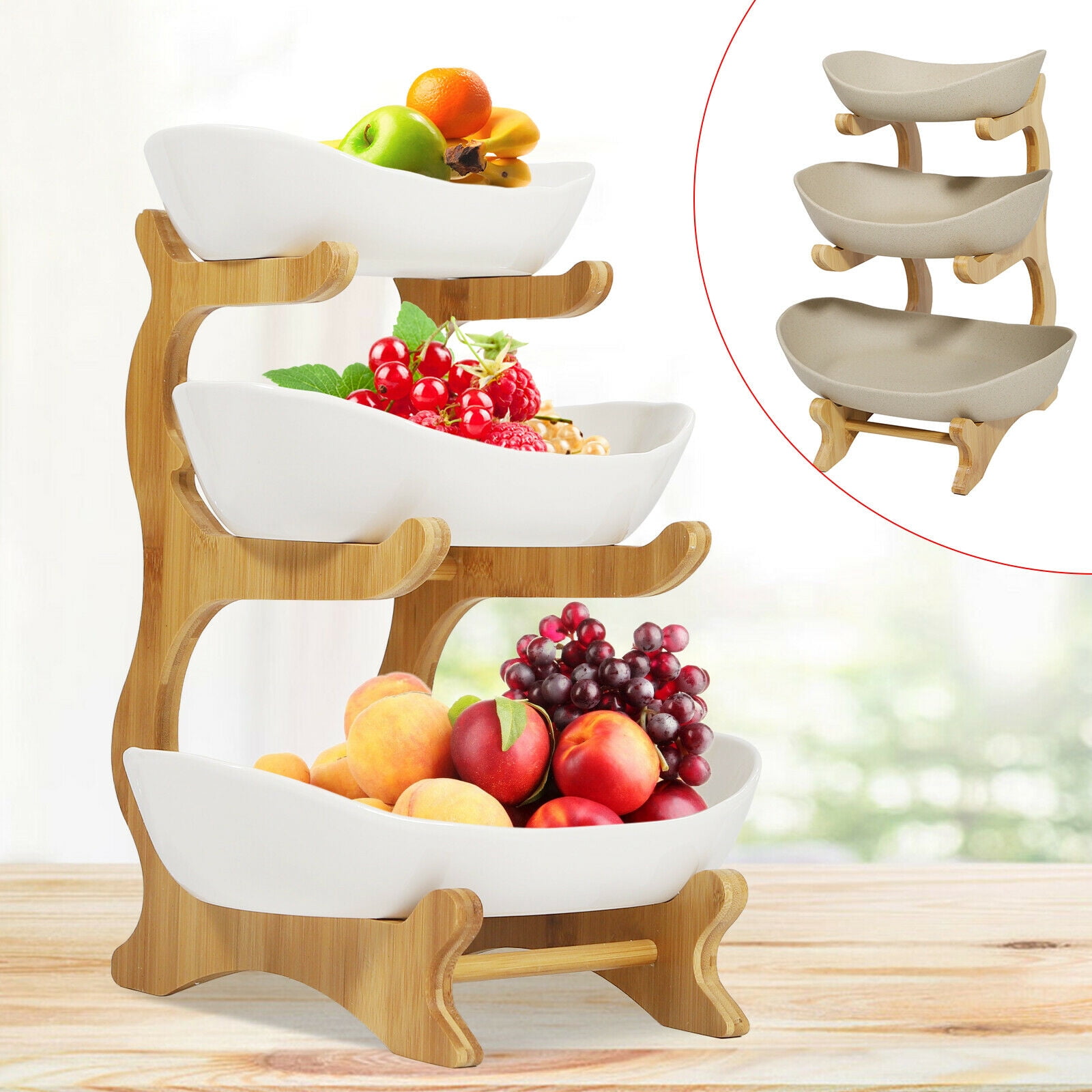 3 Tier Household Ceramic Fruit Plate Bowl,Bamboo Wooden Frame Plate ...