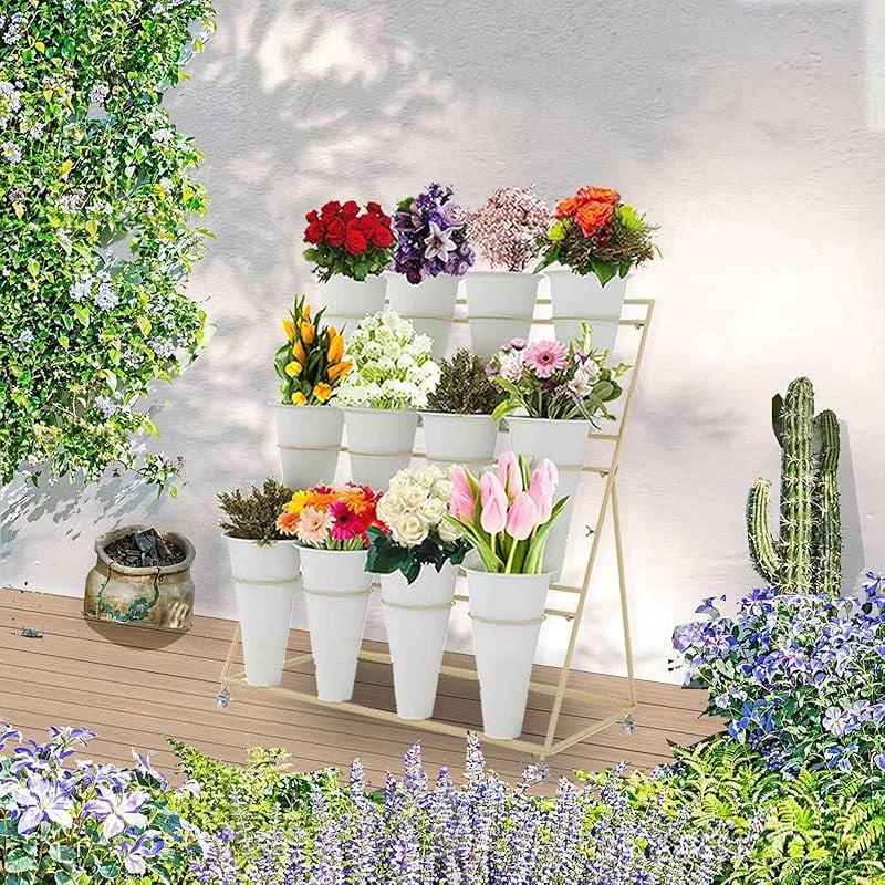 3 Tier Indoor Flower Stand Frame Flower Cart with 12pcs Buckets, Metal ...