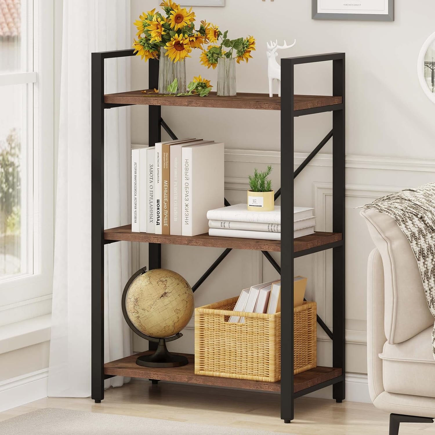 3 Tier Industrial Bookshelf, Office Small Open Book Shelf for Small ...