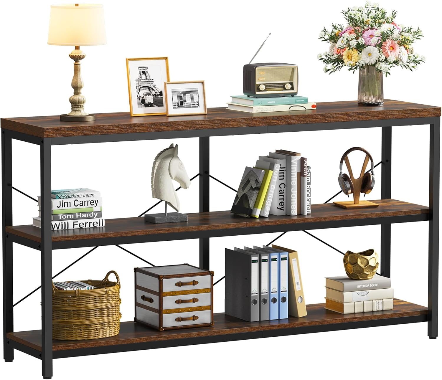 3-Tier Industrial Bookshelf, Wide Wood Horizontal Bookcase, Open Large ...