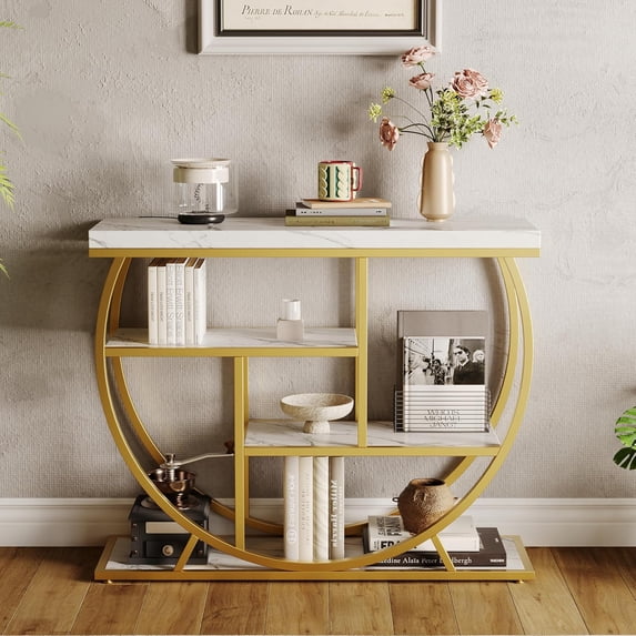 3-Tier Industrial Console Table with Semicircular Metal Frame Open ...