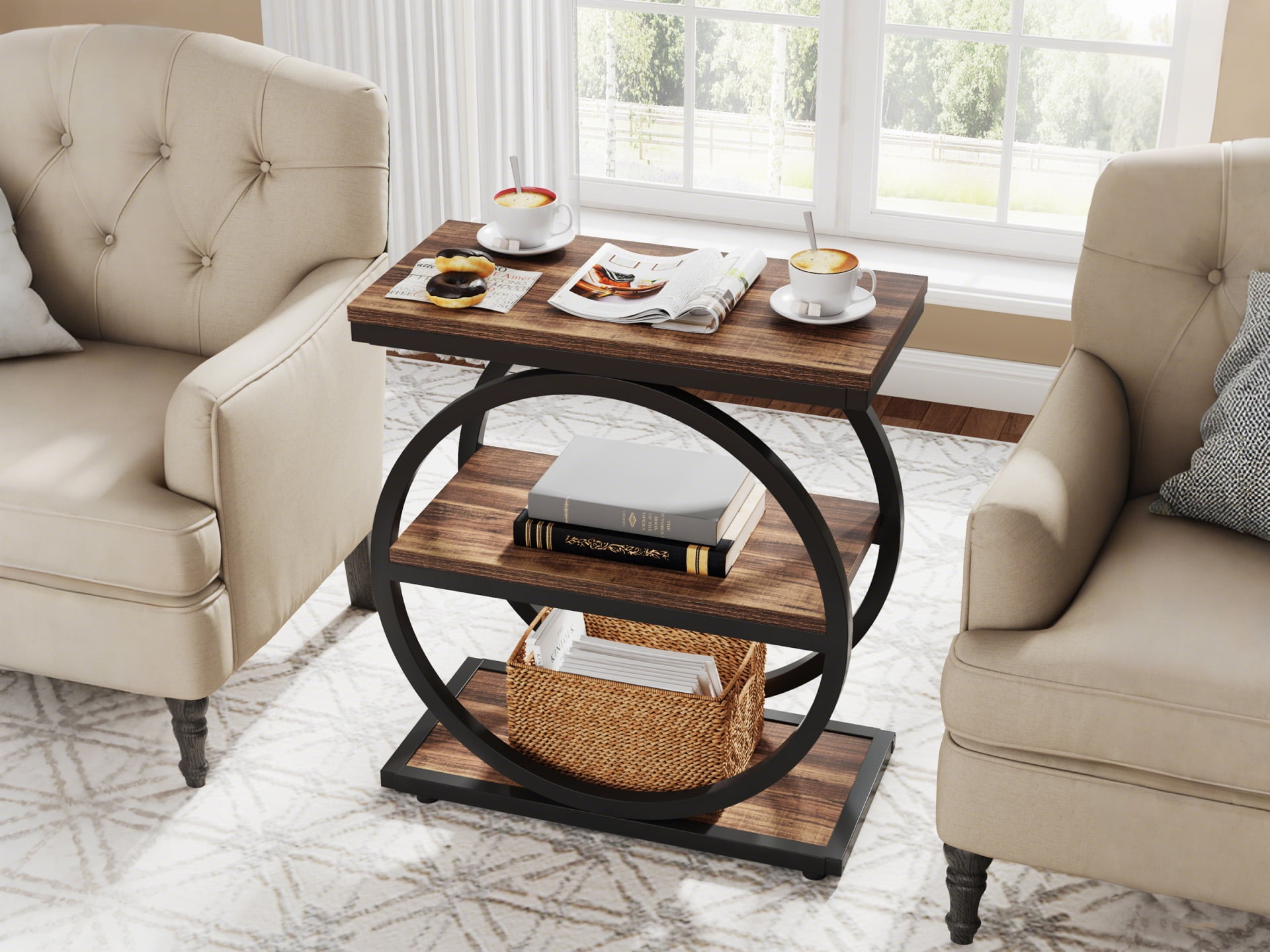 3-Tier Industrial End Table with Storage Shelves, Round Metal Frame ...