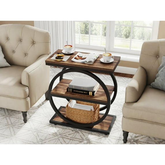 3-Tier Industrial End Table with Storage Shelves, Round Metal Frame ...