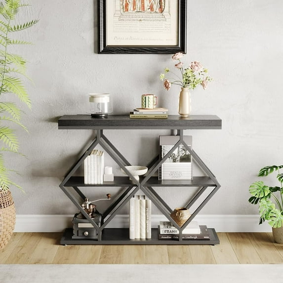 3-Tier Industrial Entryway Table with Diamond-Shaped Metal Frame, Open ...