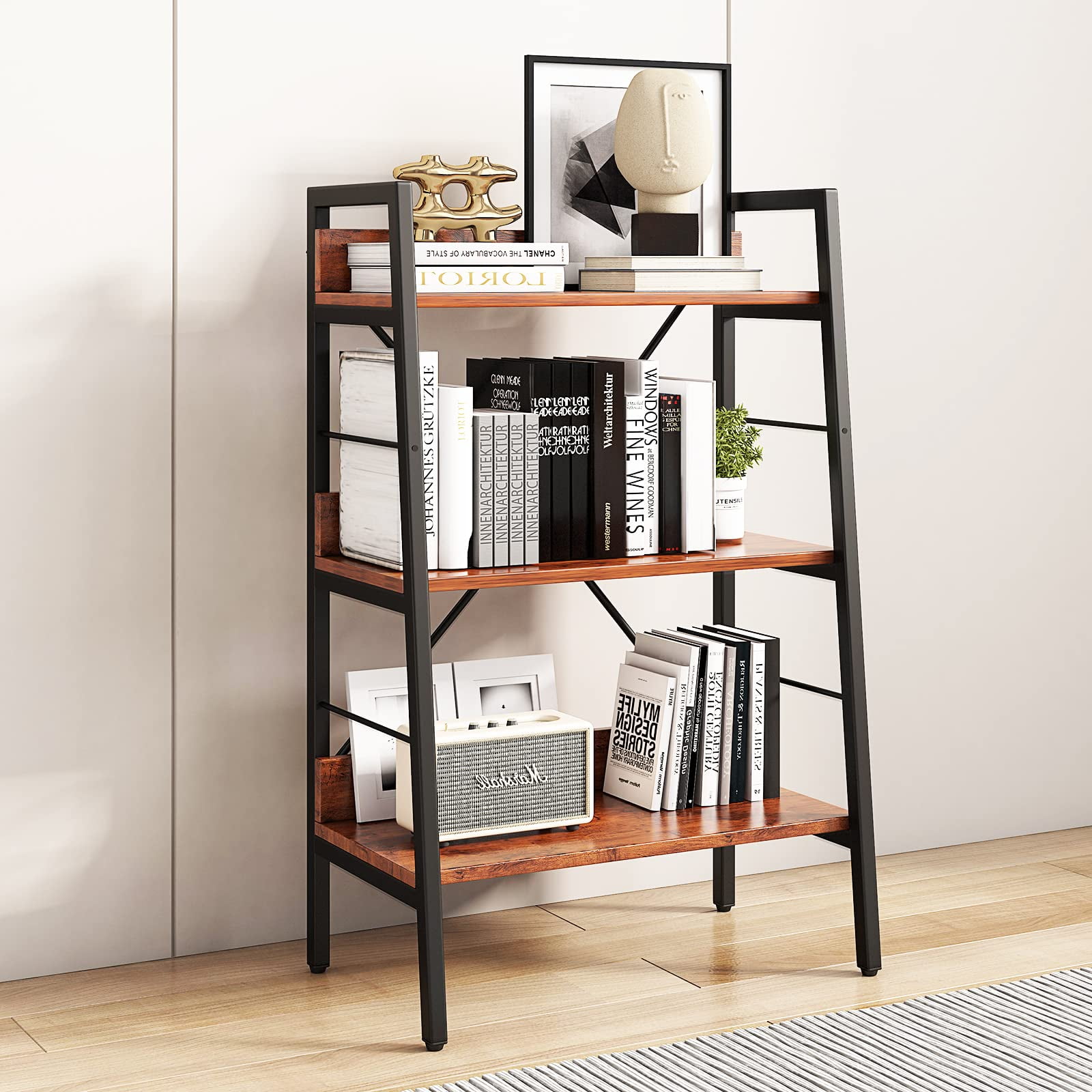 3 Tier Industrial Ladder Shelf Bookcase, Metal and Wooden Ladder ...