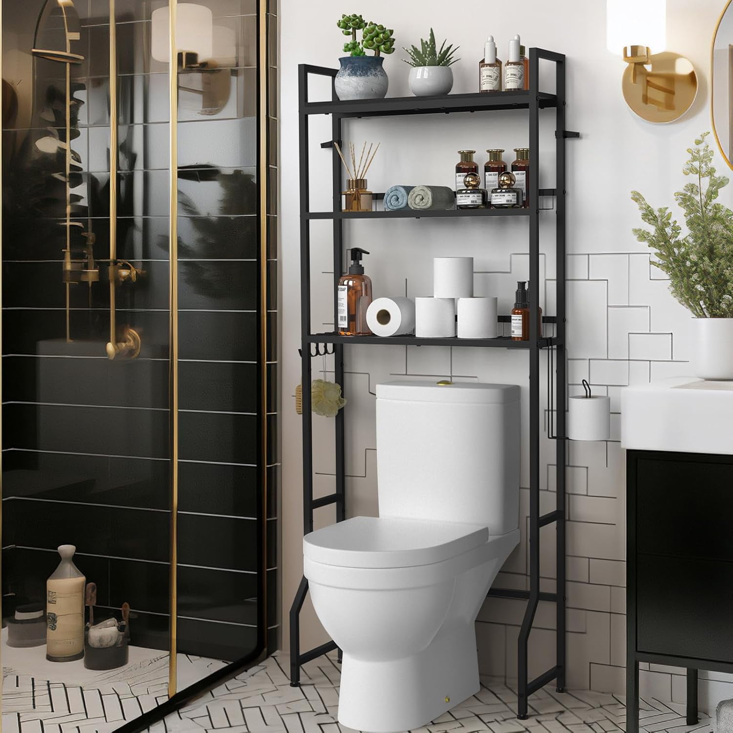 3 Tier Industrial Over the Toilet Storage Rack with Hooks & Roll Holder ...
