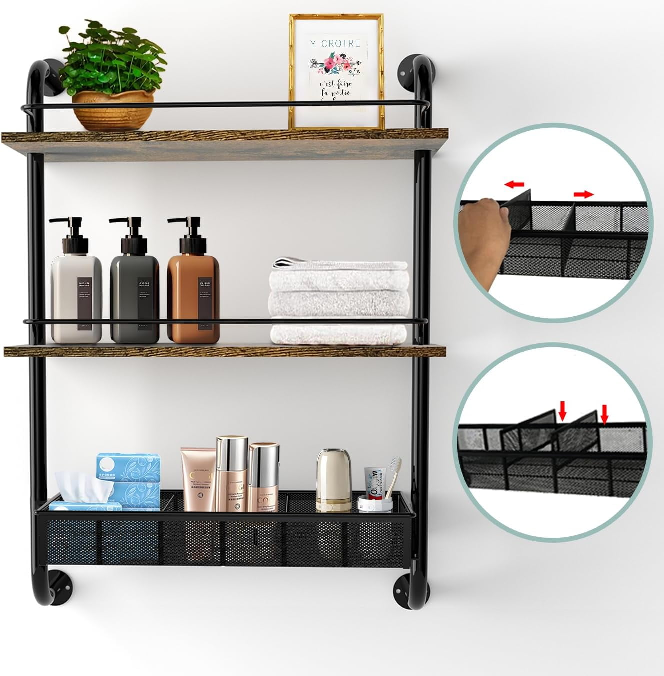 3 Tier Industrial Pipe Shelving, 24 Inch Industrial Wall Shelf with ...