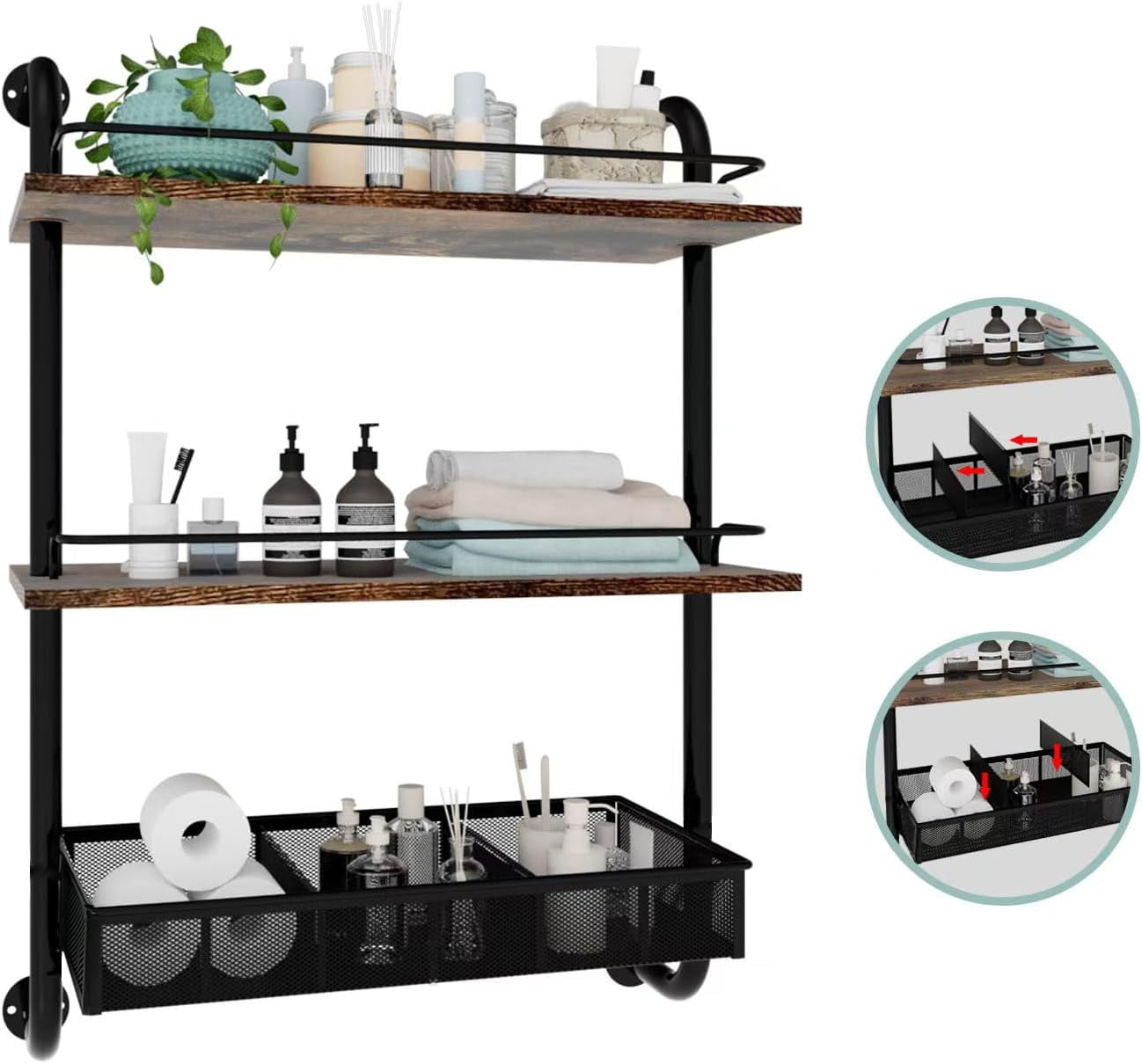 3 Tier Industrial Pipe Shelving, 24Inch Industrial Wall Shelf with ...