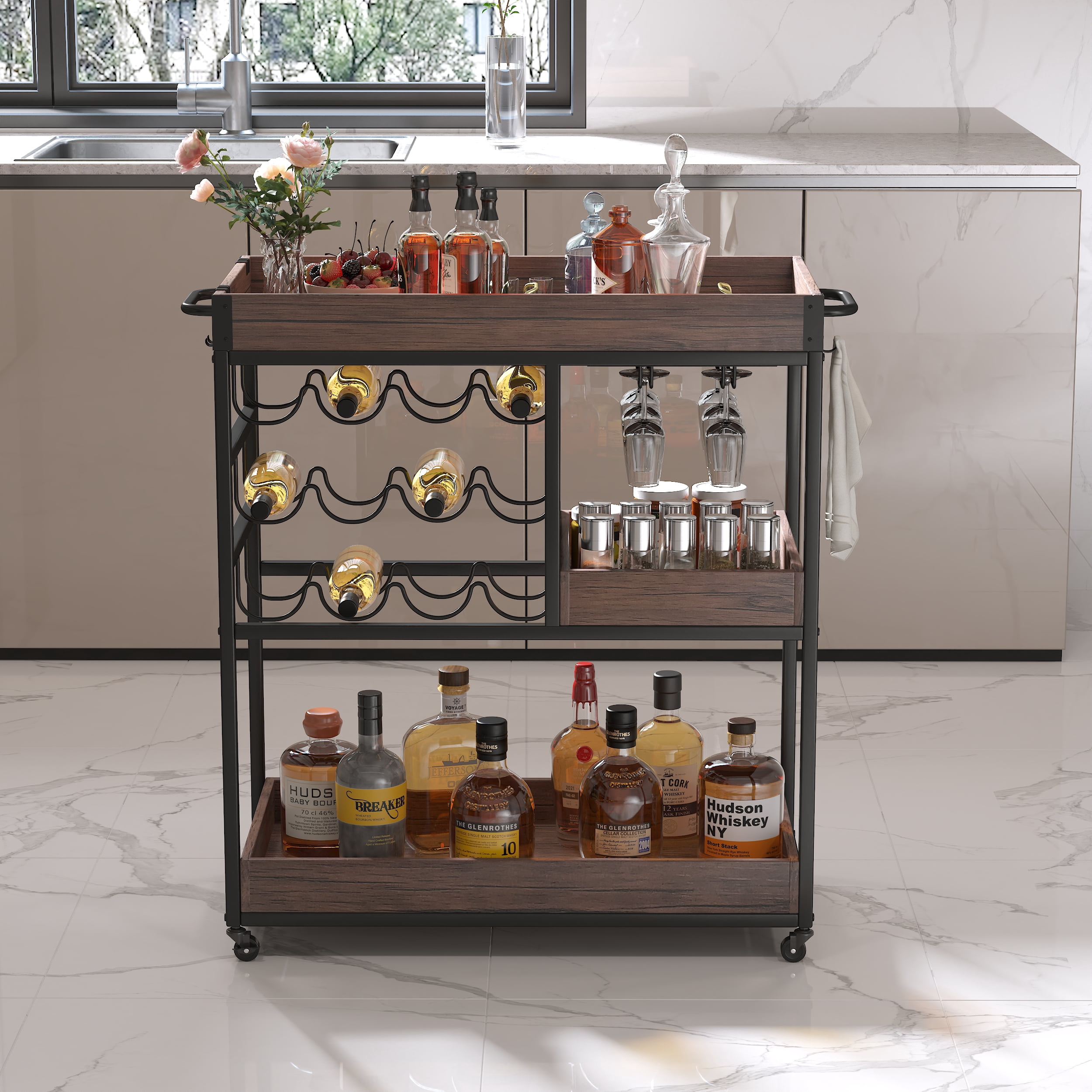 3 Tier Industrial Rolling Serving Cart with Lockable Wheels,Wine Rack ...