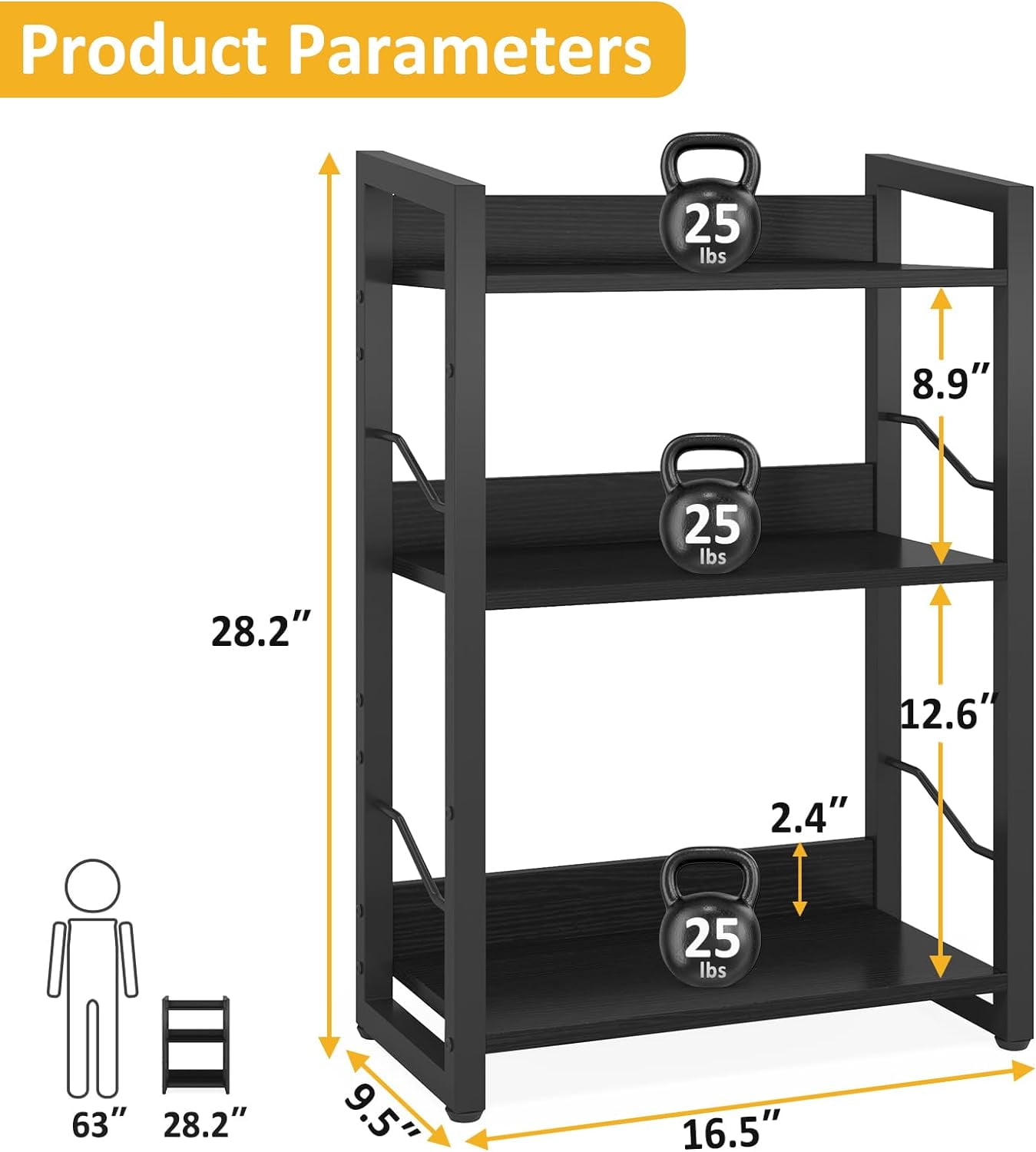 3-Tier Industrial Small Bookshelf, Black Wood Bookcase with Metal Edge ...