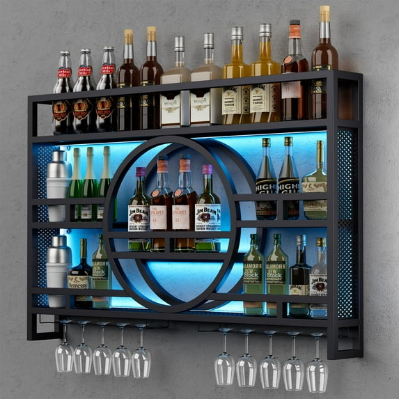 3-Tier Industrial Wine Rack Wall Mounted with LED Light, Floating Bar ...
