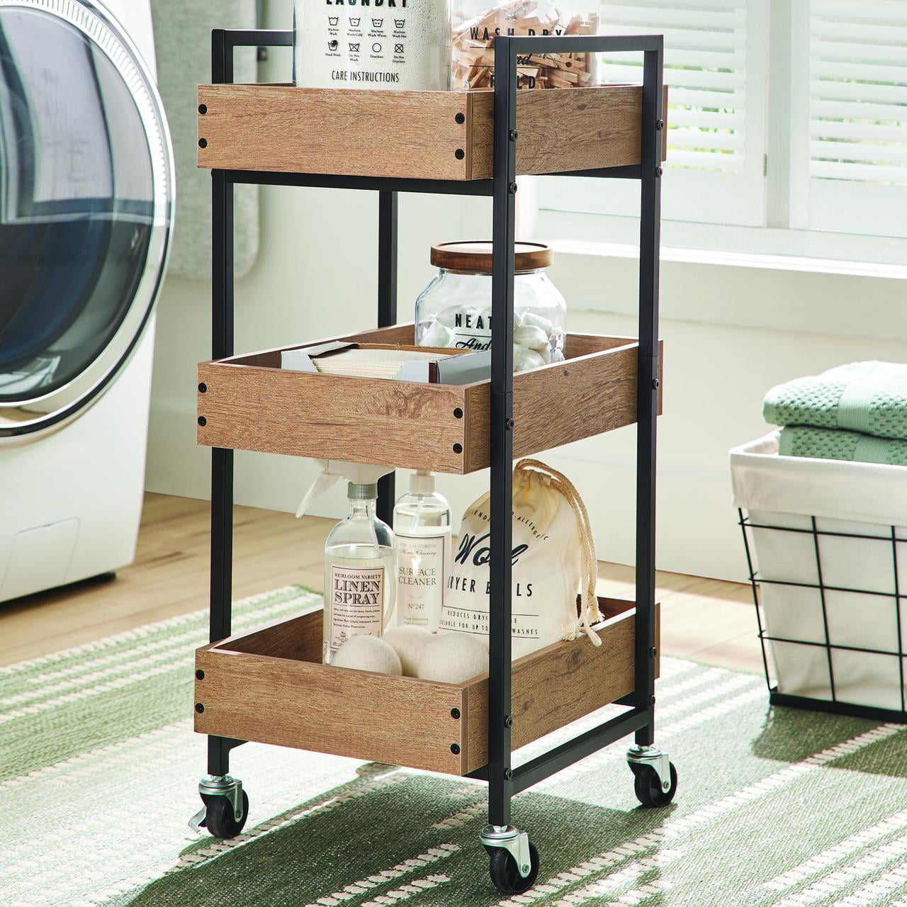 3-Tier Jace Wood & Steel Rolling Utility Cart, Black13.00 x 17.10 x 31. ...