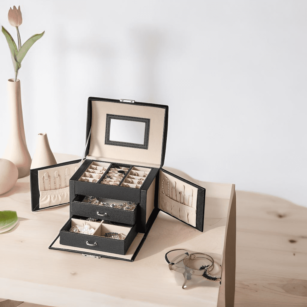 3-Tier Travel Jewelry Box, Black, 2 Drawers, Lockable Organizer with ...