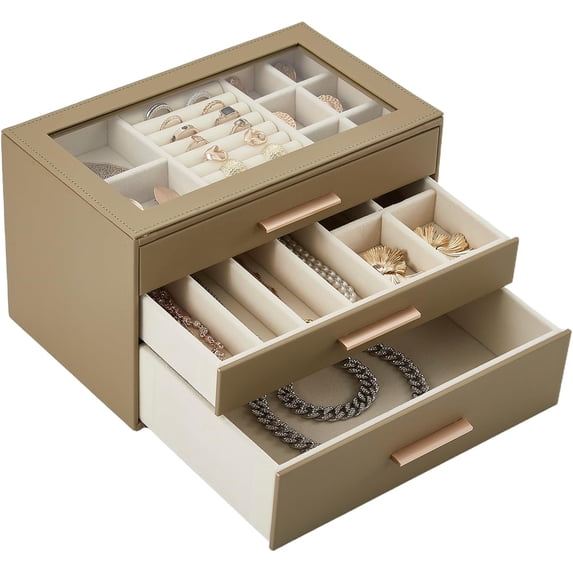 3-Tier Jewelry Storage Box with Clear Top Lid, PU Leather Organizer ...