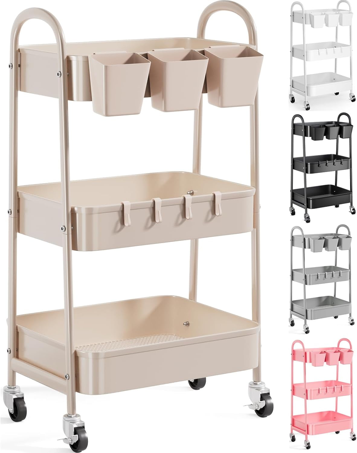 3 Tier Khaki Metal Utility Rolling Cart, Storage Cart with Handle and ...