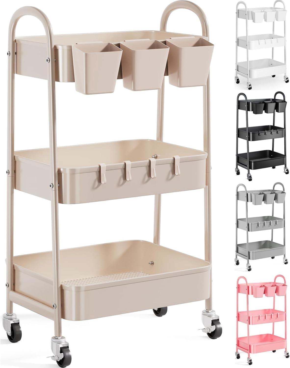 3 Tier Khaki Metal Utility Rolling Cart, Storage Cart with Handle and ...