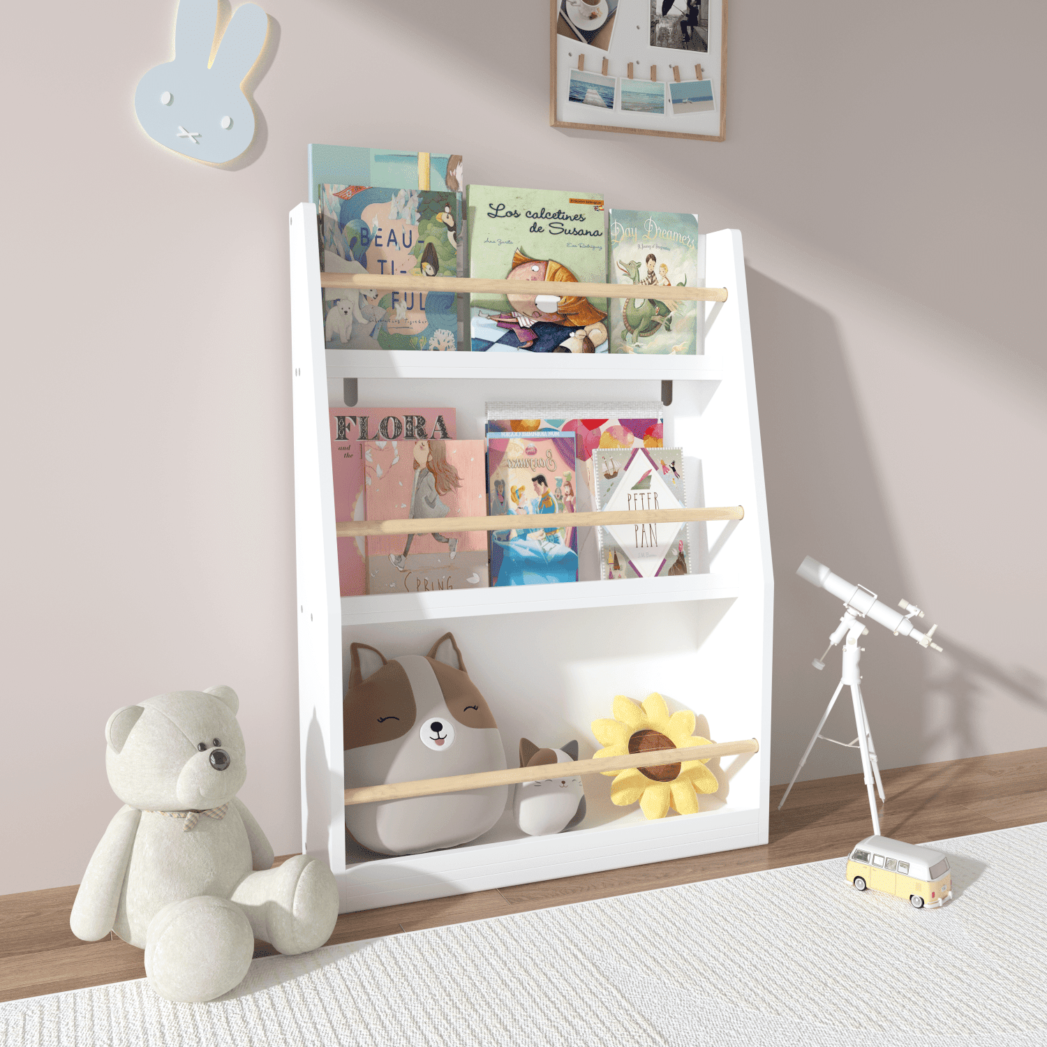 3 Tier Kids Bookshelf, White MDF & Pine Wood Book Rack with Anti-Tip ...