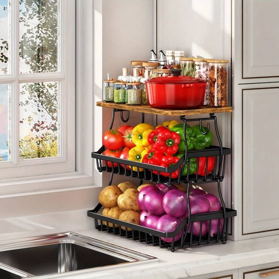 3-Tier Kitchen Fruit Basket, Countertop Storage Basket with Side Hooks ...