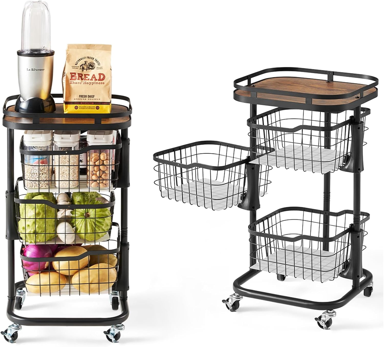 3 Tier Kitchen Fruit Vegetable Storage Cart with One-Piece Rotating ...