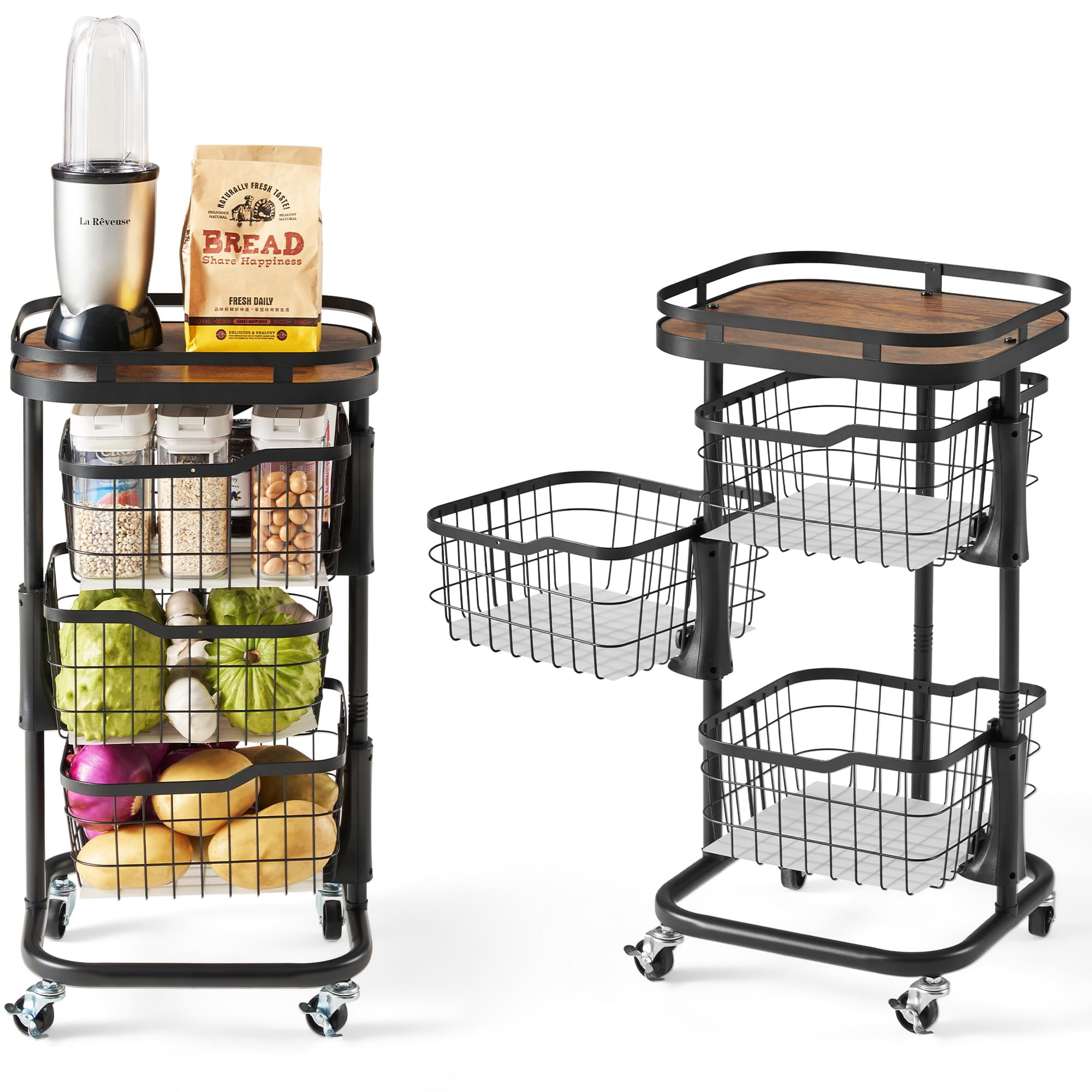 3 Tier Kitchen Fruit Vegetable Storage Cart with One-Piece Rotating ...