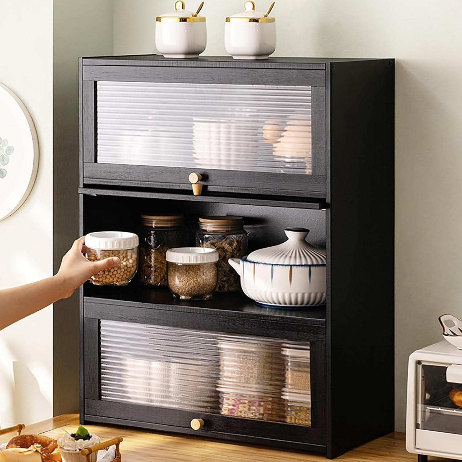 3 Tier Kitchen Pantry Storage Cabinet with with 2 Sliding Striped Glass ...