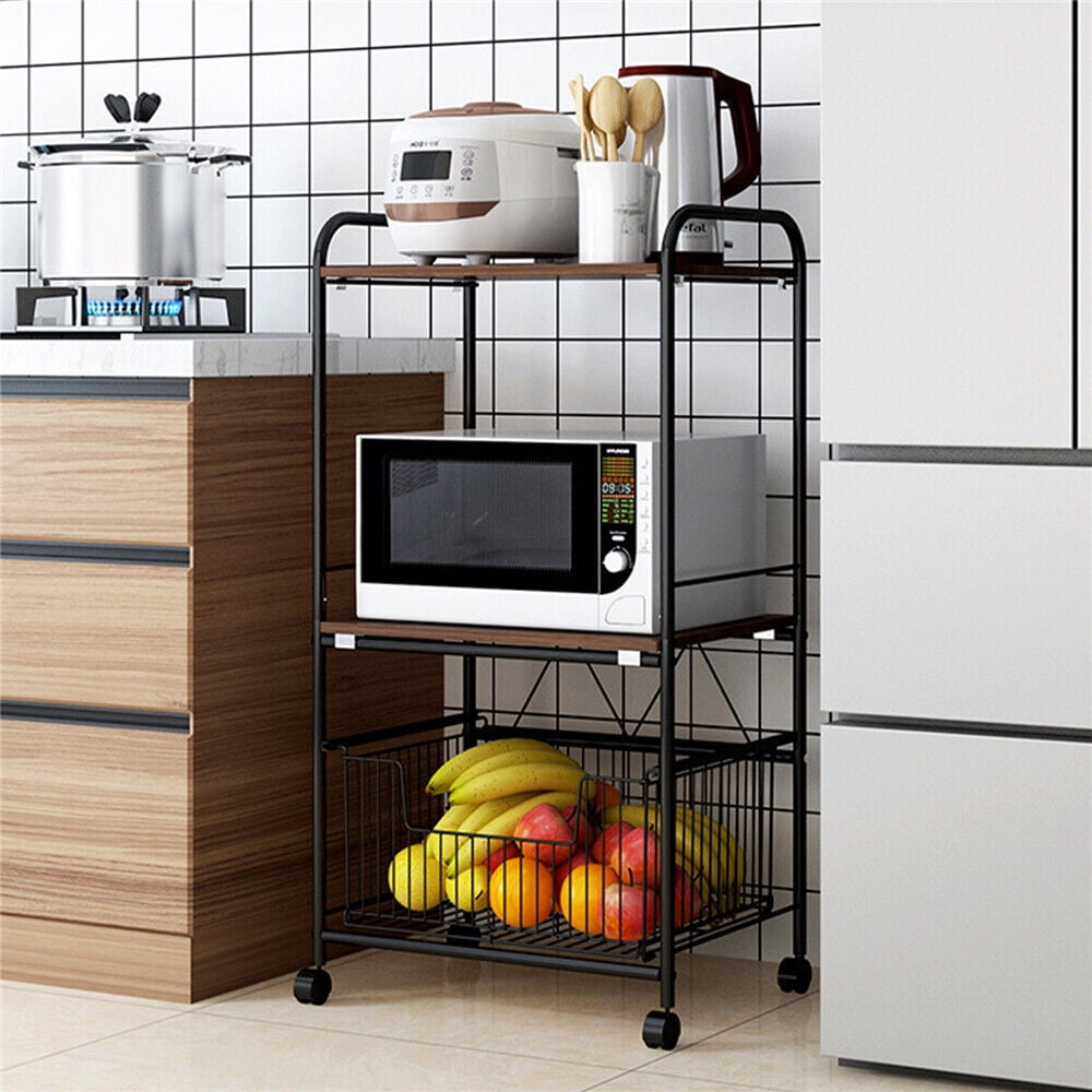 3 Tier Kitchen Rack Cart with Wheels Microwave Oven Stand Storage Shelf ...