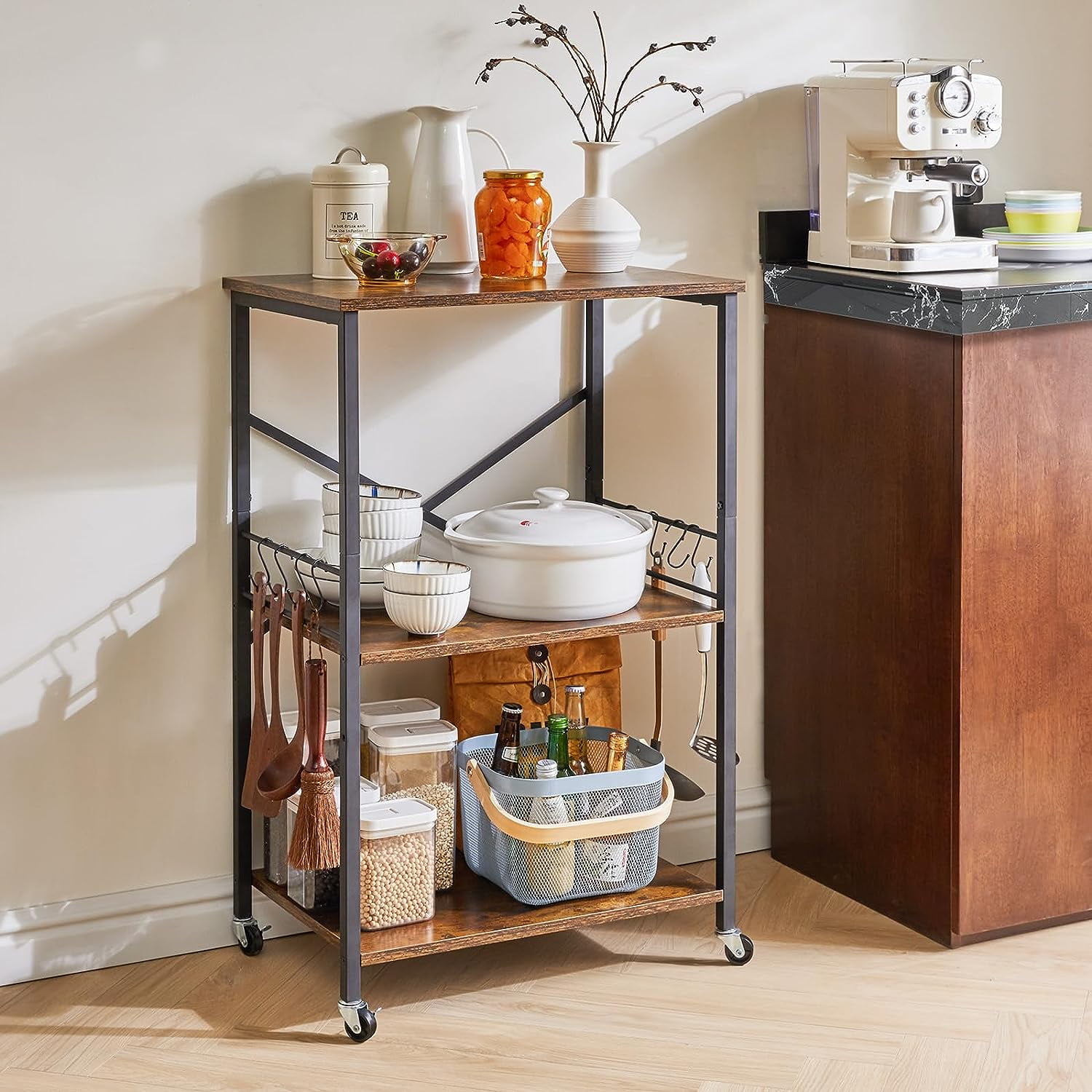 3-Tier Kitchen Shelf Cart with Metal Frame, 8 Hooks, Easy Assembly ...