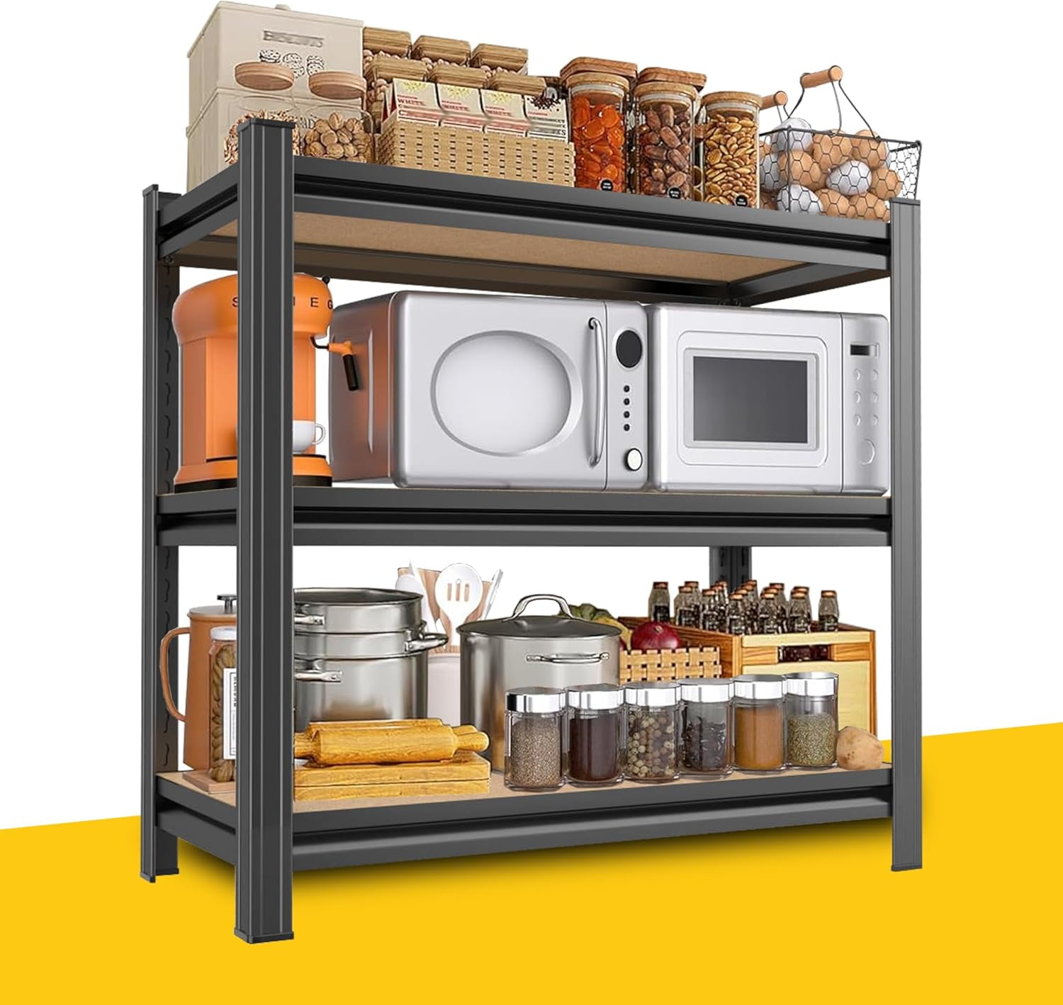 3 Tier Kitchen Shelving Unit, Wood Storage Bookcase with Metal Frame ...