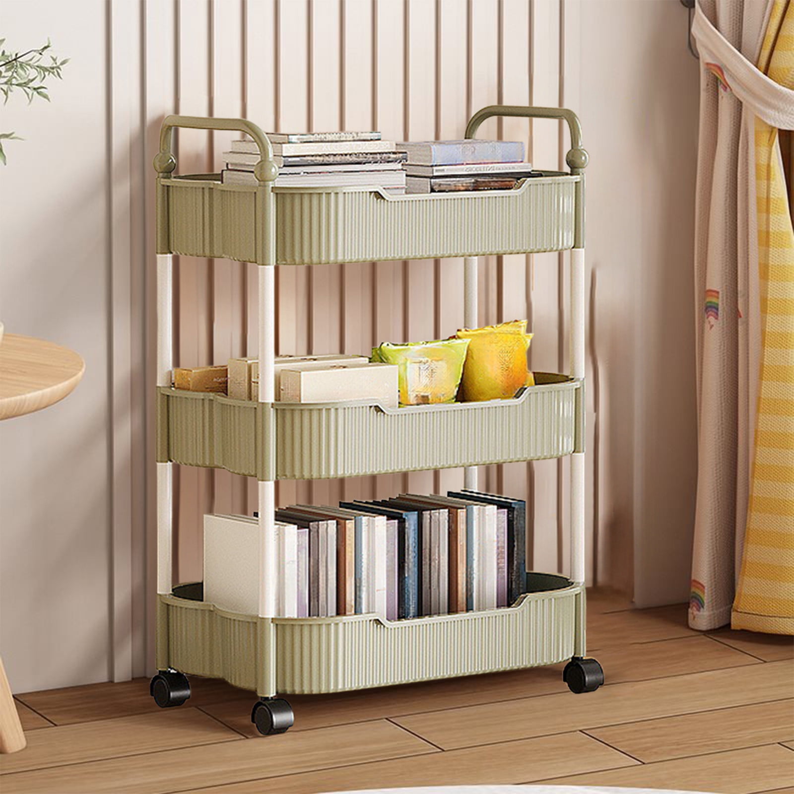3-Tier Kitchen Storage Cart with Armrests & Casters, Multi-Layer ...
