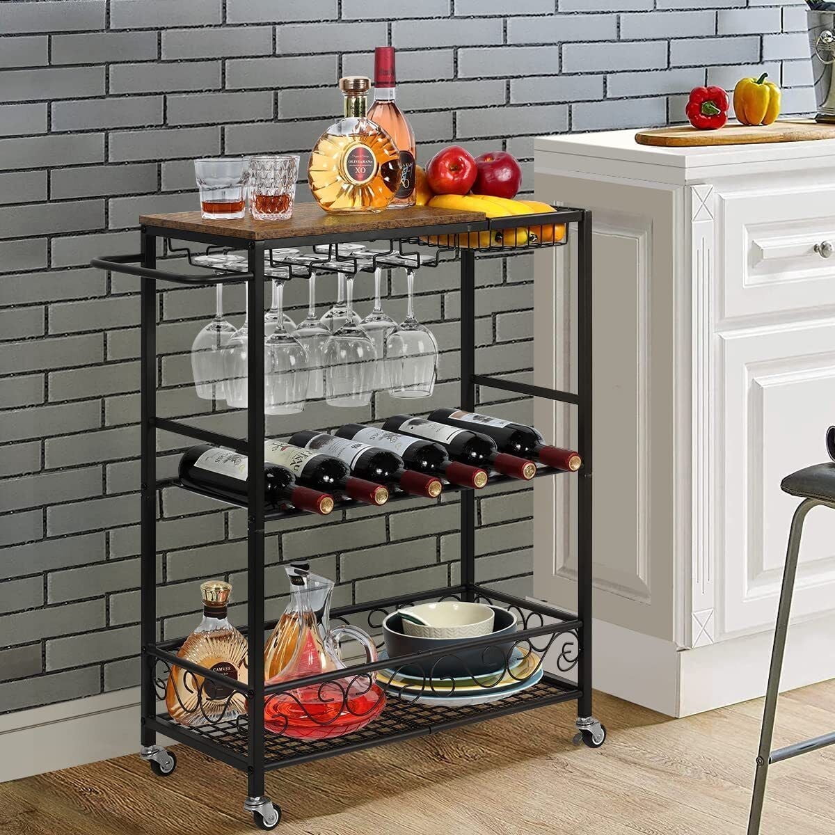 Walmart 3 Tier Kitchen Storage Rolling Cart with Glass Holders, Liquor ...