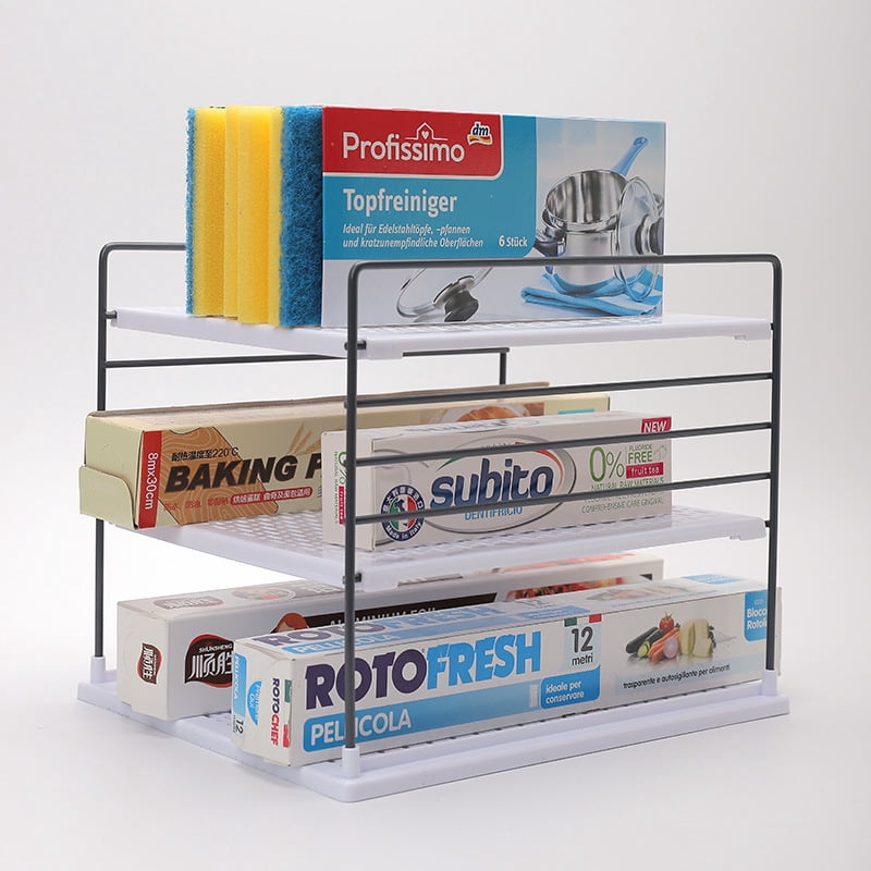 3-Tier Kitchen Wrap Organizer Rack, Adjustable Cabinet Shelf for Foil ...
