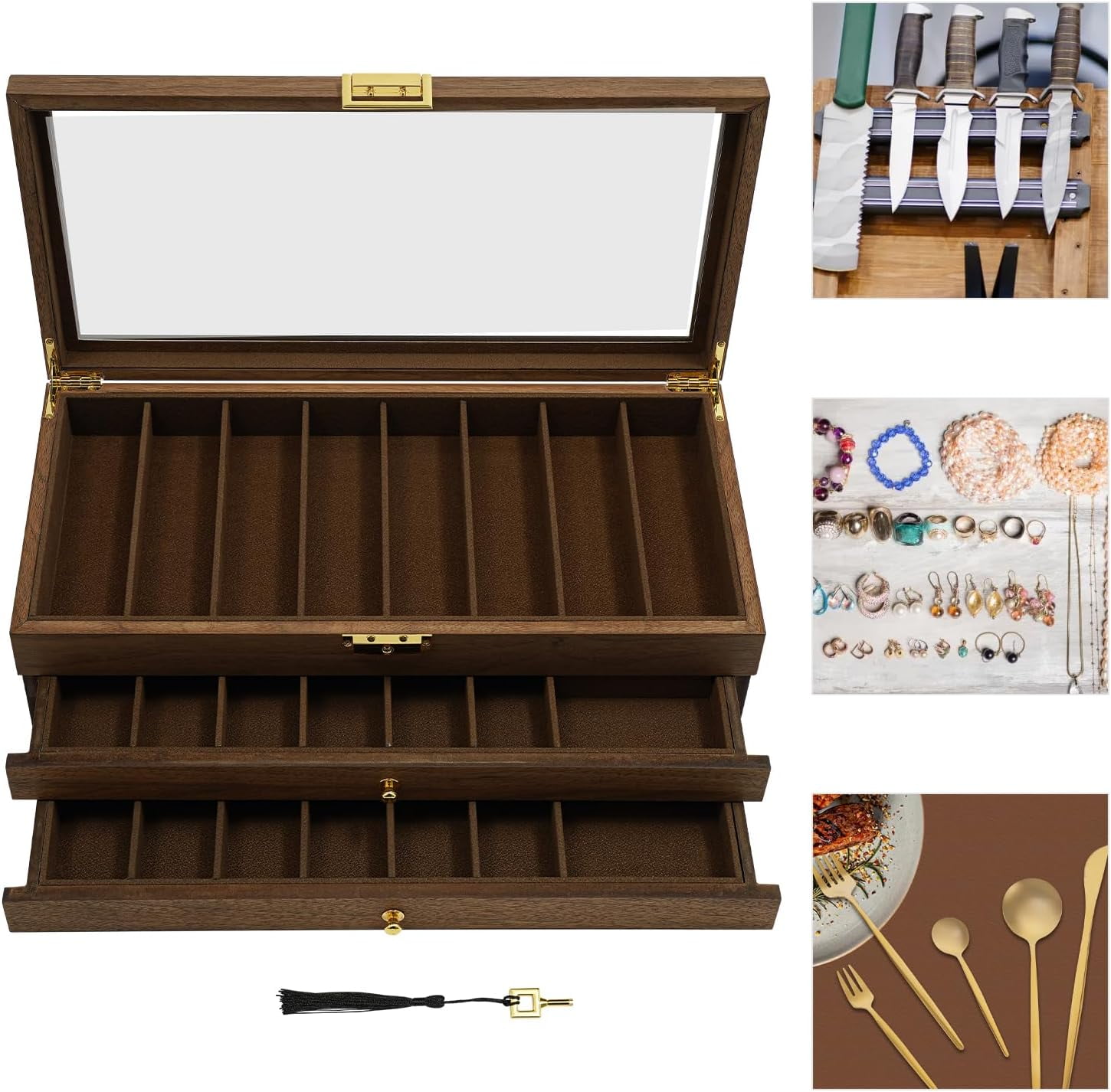 3-Tier Knife Display Case Vintage Pocket Knife Storage Box Lockable ...