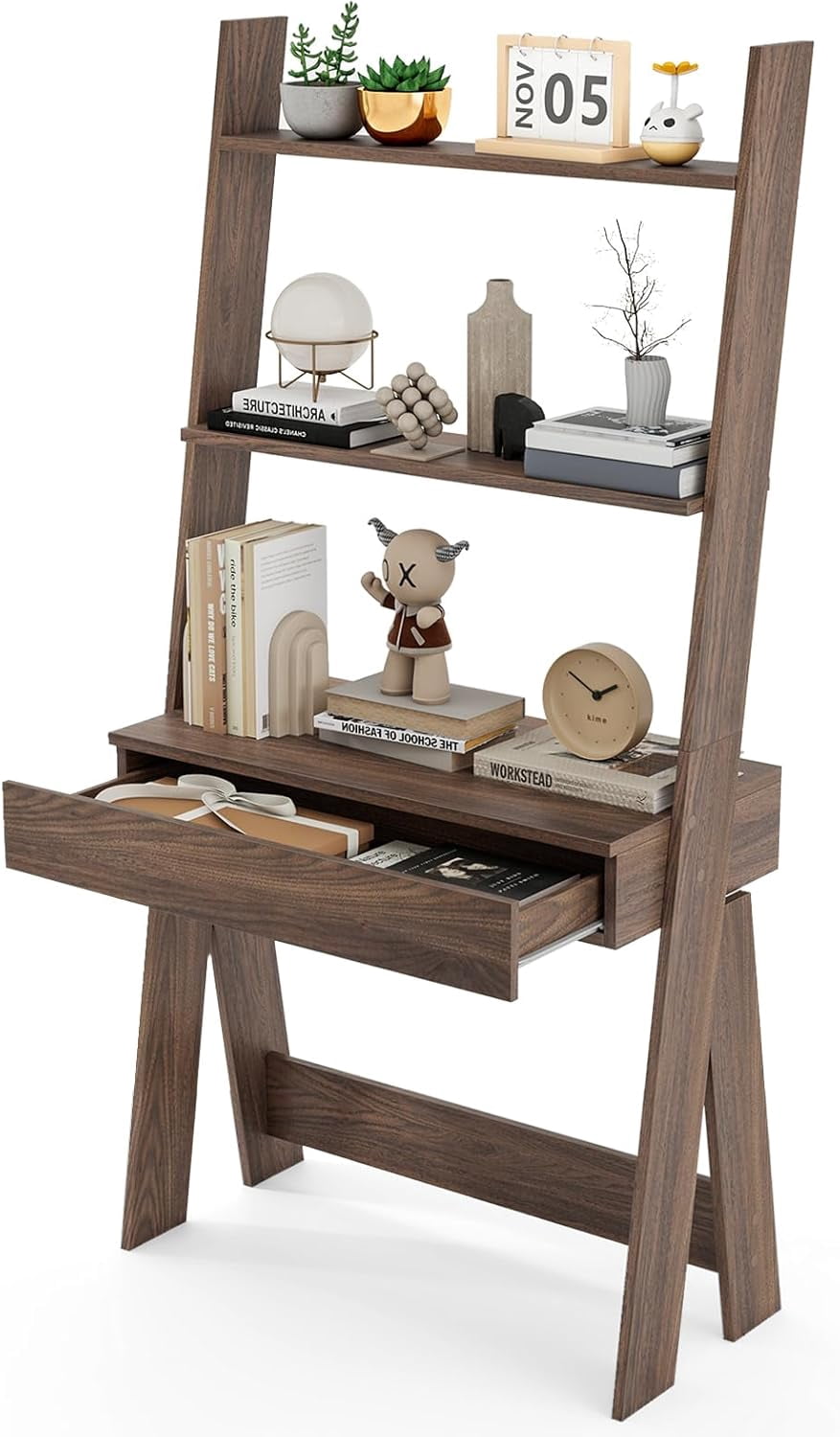 3 Tier Ladder Desk with Drawer, 33" Width Walnut Ladder Shelf with Anti ...