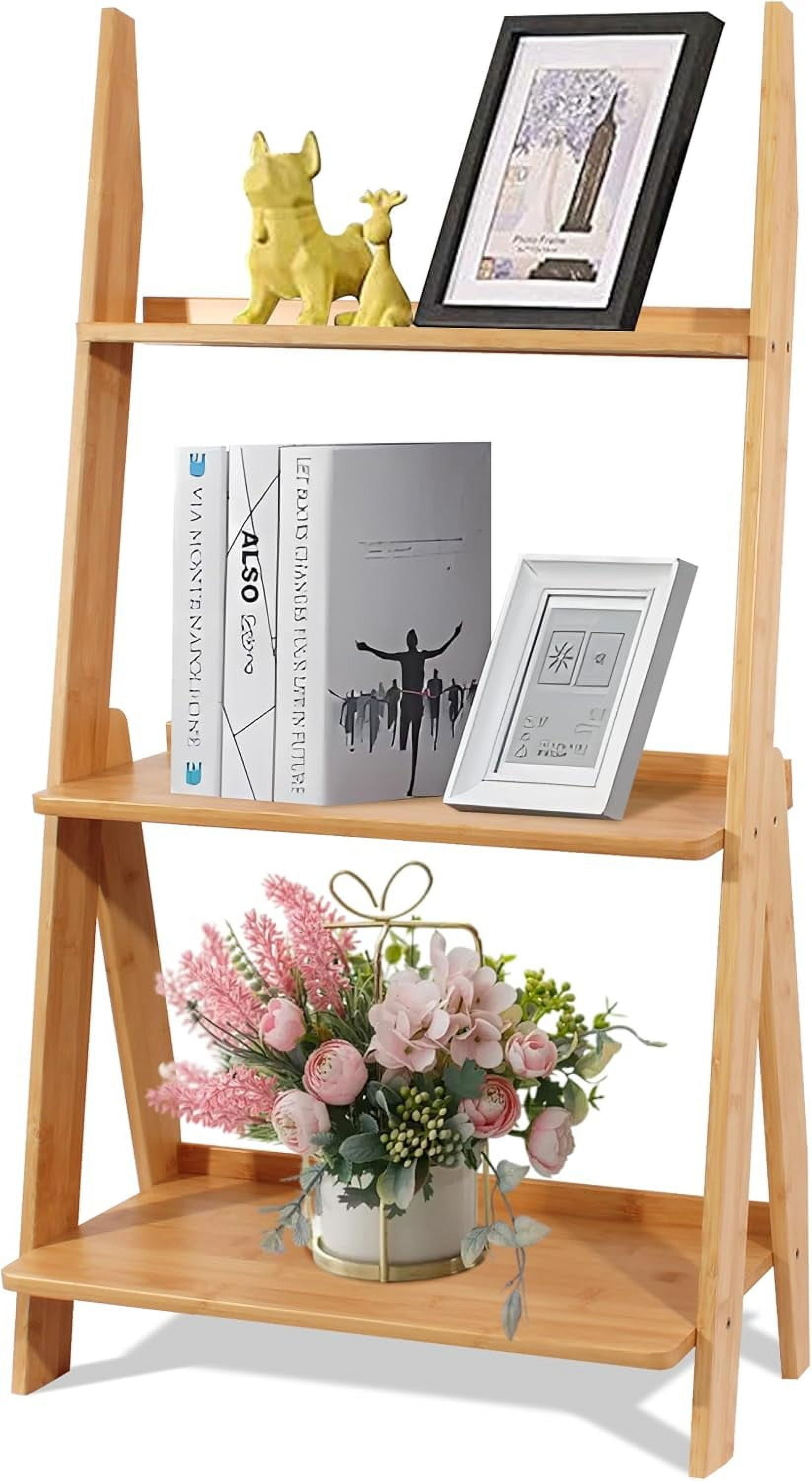 -3-Tier Ladder Shelf, Bamboo Ladder Bookshelf Leaning Bookcase ...