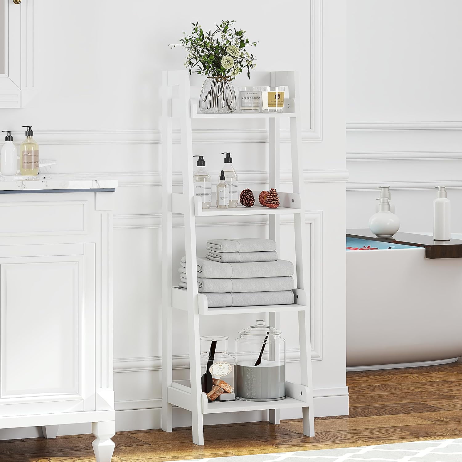 3-Tier Ladder Shelf, Bathroom Shelf Freestanding, 3-Shelf Open Wood ...