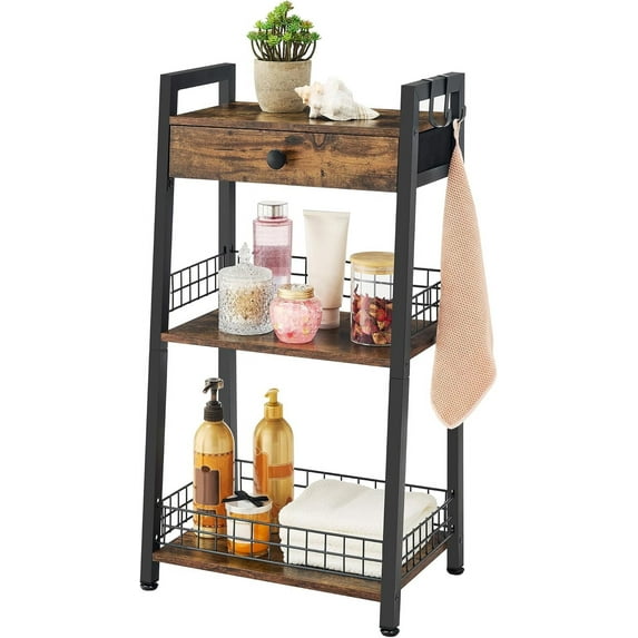 3-Tier Ladder Shelf with Drawer, Bathroom Stand Floor Storage Shelf ...