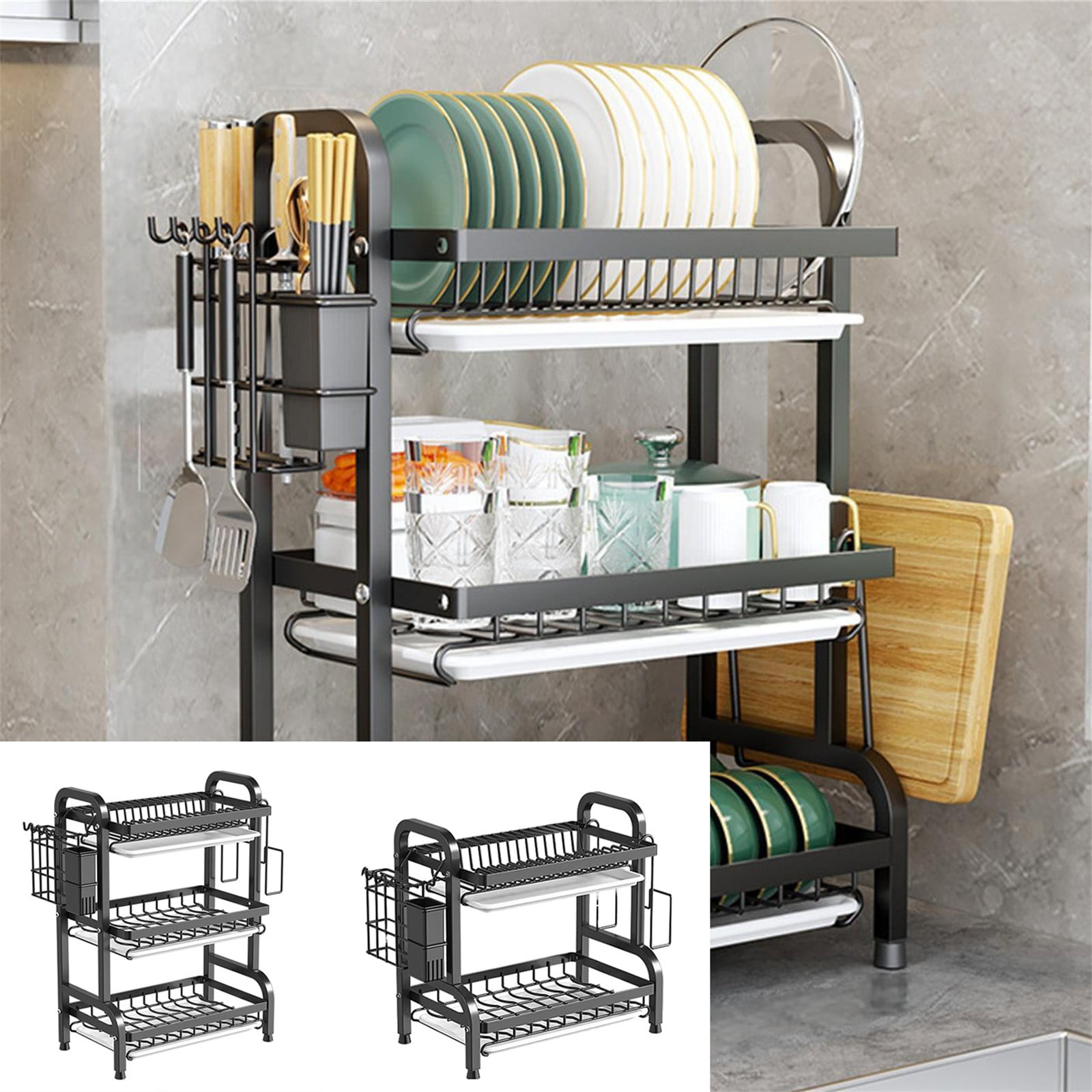 3-Tier Large Capacity Stainless Steel Dish Rack with Water Catcher and ...